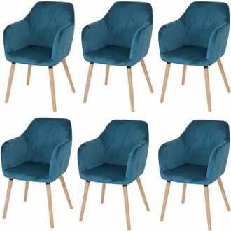 Hhg [NEUWERTIG] 6er-Set Esszimmerstuhl Vaasa T381, Stuhl Küchenstuhl, Retro 50er Jahre Design Samt, petrol-blau, helle Beine