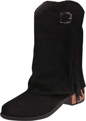Generic Bottes de mollet larges pour femme - Style d&eacute;contract&eacute; - Avec pompons - Couleur unie - Talon bas - Boucle - Confortables - Classiques - Pour f&ecirc;te et l