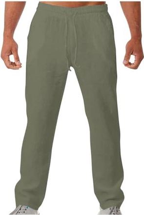Generic Pantalon chino d&eacute;t&eacute; en coton et lin pour homme - Taille &eacute;lastique - Pantalon chino fusel&eacute; en serg&eacute; de coton avec poches - Pantalon respirant, Vert, XX