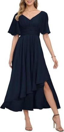 Generic Robe de mère de la mariée avec manches et col en V plissée en mousseline de soie pour invitée de mariage, bleu marine, 58 Grande taille