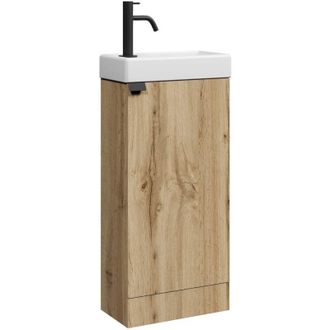 Badplaats Badplaats - Meuble sous vasque simple 40 x 22 x 88 cm - Agglom&eacute;r&eacute; avec placage ch&ecirc;ne clair - Lavabo c&eacute;ramique avec trop-plein - Pr&eacute;-assembl&eacute;
