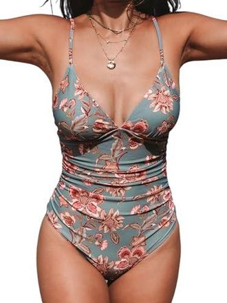 Cupshe Maillot de bain une pièce pour femme, avec effet contrôle du ventre et col en V, Retro Floral, Taille XS