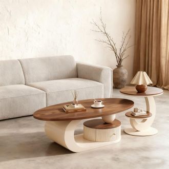 Generic 2PC Ovaler Couchtisch Freistehender Wohnzimmertisch mit gro&szlig;er Ablagefl&auml;che Couchtisch im Mid-Century-Modern-Stil Einfache Montage for Wohnung/Haus(Wh