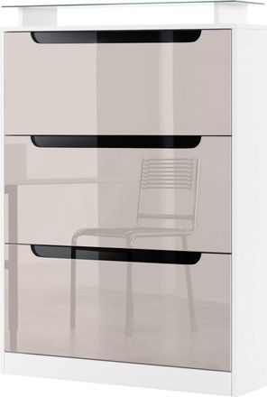 Vladon Schuhschrank Space, Made in Germany, Schuhkipper f&uuml;r 24 Paar Schuhe mit 3 Klappen und Glasablage, Wei&szlig; matt/Sandgrau Hochglanz mit Absetzungen in Schw
