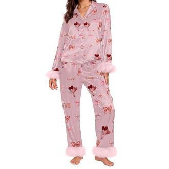 Generic Ensemble de pyjama en satin pour femme - V&ecirc;tement de nuit imprim&eacute; coeur - Haut et pantalon boutonn&eacute;s - Tenue 2 pi&egrave;ces - Pyjama en soie doux et confort