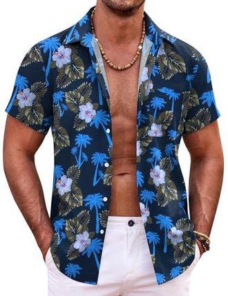 Coofandy Chemise hawa&iuml;enne &agrave; manches courtes pour homme, chemise de vacances d&eacute;t&eacute; boutonn&eacute;e pour homme, chemises de plage tropicales, Cocotier bleu, 3XL