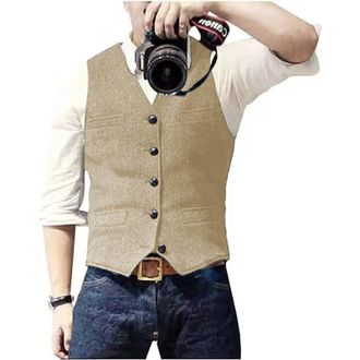 Solovedress Herren Casual Wolle Fischgr&auml;tmuster Anzug Weste V-Ausschnitt Tweed Weste f&uuml;r Hochzeit Groomsmen(Champagner,XXL)