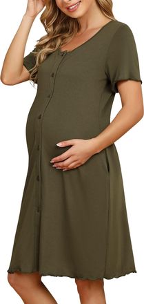KOJOOIN Damen Nachthemd Geburt Stillnachthemd Kurzarm Nachtw&auml;sche Baumwolle Umstandsnachthemd mit Durchgehender Knopfleiste Nachtkleid Armeegr&uuml;n(Kurzarm) XXL