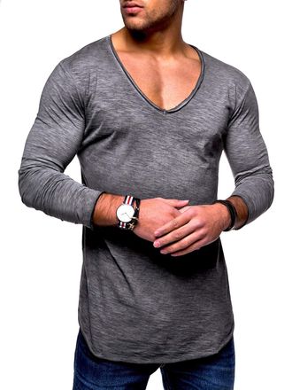 Behype. Herren Oversize Longsleeve Langarm T-Shirt V-Neck Ausschnitt 30-0014 Dunkelgrau S