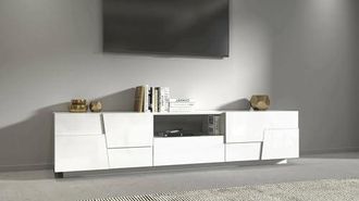 Dmora TV-Ständer Velio, niedriges Wohnzimmer-Kommode mit 2 Türen und 1 Schublade, TV-Ständer-Basis, 150x44x46 cm, glänzendes Weiß