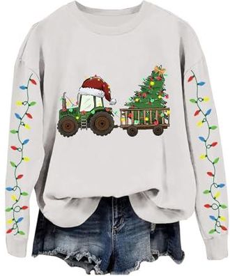 Generic Sweat-shirt de No&euml;l pour femme avec imprim&eacute; sapin de No&euml;l et col rond - Cardigan tendance &agrave; manches longues, blanc, XXL