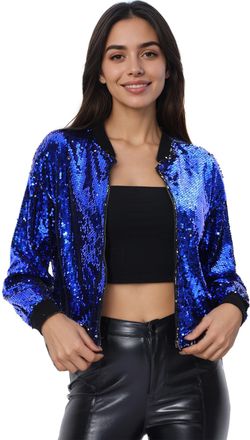 Allegra K Damen Glitzer Jacke Bomberjacke Pailletten Bomber Jacke Langarm Party Club Metallic Sequin Jacken Blau L