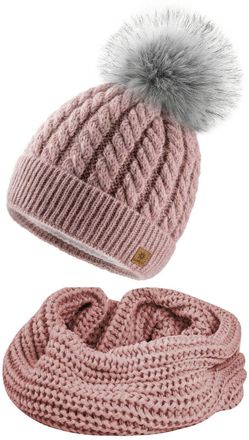 4sold M&uuml;tze & Schal Schlauchscha Damen Gerippt Winter Beanie mit Fleece Strickm&uuml;tze Mohair Wolle Wurm mit Faux Fell-Bommel Bommel Pom Pom Strick Gef&uuml;ttert -