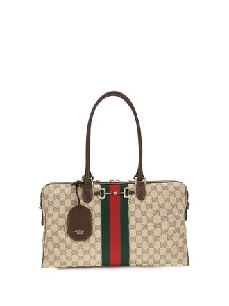 Gucci Womens Top Handle Bag Horsebit Web Vintage Sand-Dark Brown-Green Fabric Handbags Sand/dark Brown/green Hand