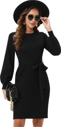 KOJOOIN Strickkleid Damen Langarm Pulloverkleid Casual Winterkleid Elegant Tunika Pullikleid Mit G&uuml;Rtel