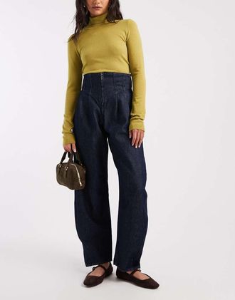 Asos Jean bouffant taille haute &agrave; d&eacute;tail corset - Encre-Bleu