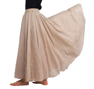 Feoya Vintage Damen Maxirock Elastische Bund Rock Baumwolle Leinen Faltenrock Festlich Freizeit Langrock