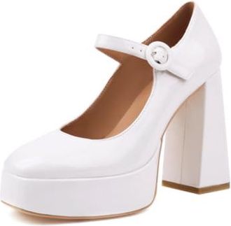 Generic Femmes Chic Mary Jane Pompes Plate-Forme Bloc Talons Boucle Décor Bout Rond Soirée Élégante Soirée Chaussures Décontractées,Blanc,38.5 EU