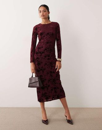 New Look robe midi &agrave; manches longues floqu&eacute;e bordeaux-Rouge