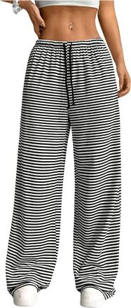 SOLY HUX Damen Lange Hose Gestreifte Hose Weite Beine Hosen Herbst Freizeithosen Sport Hose Jogginghose mit Tunnelzug Schwarz und Weiß M