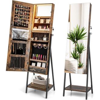 Costway Armoire &agrave; Bijoux led, Armoire de Rangement sur Pieds Verrouillable, Miroir Pleine Longueur hd, Lumi&egrave;res 3 Couleurs, Miroir Int&eacute;rieur, pour Boucle