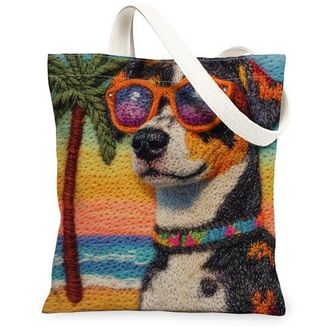 Generic Summer Catahoula Sac fourre-tout en toile pour faire du shopping, 33 x 38,1 cm, sac r&eacute;utilisable &agrave; motif imprim&eacute; de chiot c&ocirc;tier pour femme, peinture 
