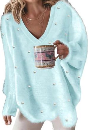 Generic Blanc Sexy Perle Perles Doux Pull Col V L&acirc;che Top Automne Hiver Manches Longues Irr&eacute;gulier Pulls, 03 bleu ciel., XL