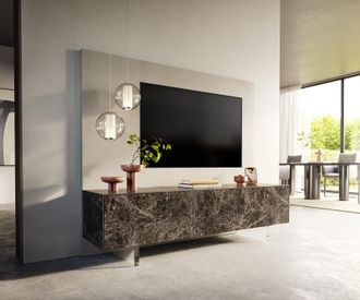 DELIFE Lowboard Cuor 180 cm Keramik Emperador Extra Lucidato Dunkelbraun 1 Klappe 2 Schubf&auml;cher Fu&szlig; Schwebeoptik Acrylglas, Lowboards