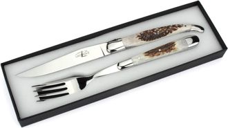 Forge de Laguiole Forge de Laguiole - Steakbesteck - Griff Hirschhorn - Besteck Set Frankreich Steakmesser und Gabel - Stahl hochglanz