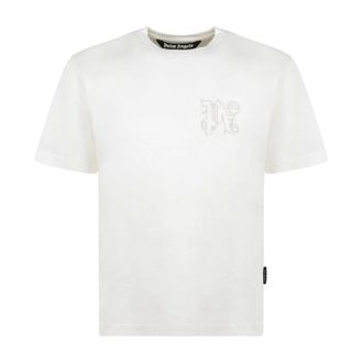 Palm Angels Homme, Tops, Beige, Taille: L T-Shirt Blanc &agrave; Logo Brod&eacute;