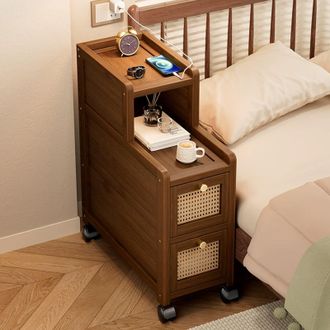 Generic Nachttisch Aus Walnussholz, Nachttische for Schlafzimmer Mit 2 Geschlossenen F&auml;Chern Und Herunterklappbaren Schrankt&uuml;Ren, Leicht Zu Bewegen Und for B&uuml;