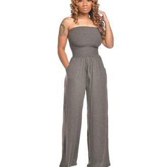 Generic Combinaison sans bretelles &agrave; la taille, combinaison d&eacute;t&eacute; d&eacute;contract&eacute;e sans manches &agrave; jambes larges, barboteuse ample, avec poche, gris, XXL