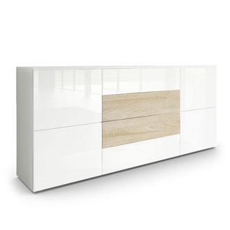 Vladon Sideboard Rova, Made in Germany, Kommode mit 4 T&uuml;ren und 4 Schubladen, Wei&szlig; matt/Wei&szlig; Hochglanz/Eiche s&auml;gerau (166 x 72 x 35 cm)
