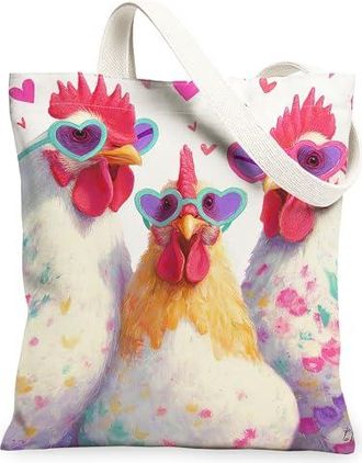 Generic Sacs fourre-tout en toile de poulet ludique, motif coeur amusant, sacs d&eacute;picerie r&eacute;utilisables, l&eacute;gers et lavables en toile pour S, blanc, 13x15 Inch