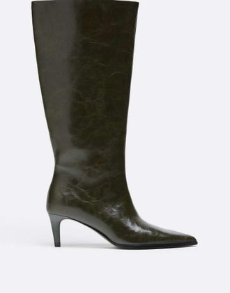 Stradivarius bottes &agrave; talon kitten et jambe large kaki-Vert