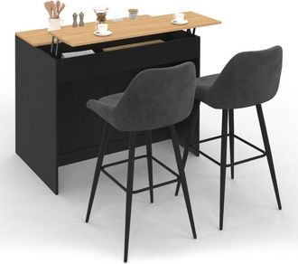 IDMarket Mittelinsel CESAR 110 cm mit hochklappbarem rechteckigem Regalbrett aus schwarzem Holz und Buchenholzoptik