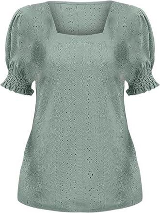 Generic Chemise unie à manches courtes pour femme - Coupe ample - Imprimé décontracté - Manches courtes - Col en V - T-shirt ample - Chemisier - Vêtements pou