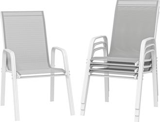 OUTSUNNY Set mit 4 Gartenst&uuml;hlen f&uuml;r den Au&szlig;enbereich Stapelbare Terrassenst&uuml;hle Esszimmerstuhl mit atmungsaktivem Stoff Metallrahmen Armlehnen und R&uuml;ckenlehne