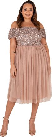 Maya Damen Maya Deluxe Womens Bardot Dresses for Women Midi High Empire Waist Sequins Embellished Formal Eveni Bridesmaid Dress, Taupe Blush, 36 EU