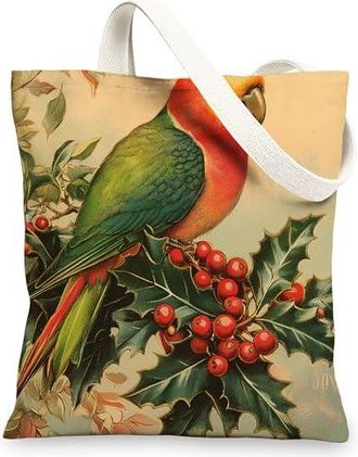 Generic Sac fourre-tout en toile avec perroquet de No&euml;l pour faire du shopping, 33 x 38,1 cm, motif branche darbre de No&euml;l vintage, sac d&eacute;picerie r&eacute;utilisable