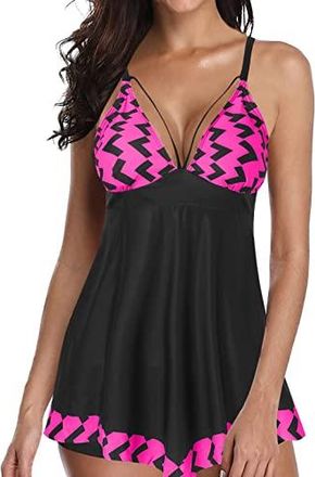 Generic Tankini pour femme - Contr&ocirc;le du ventre - Grande taille - Maillot de bain 2 pi&egrave;ces - Vintage - Taille haute - Dos nu - Bas de bikini pour femme, rose 