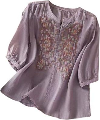 Generic Tunique en gaze boh&egrave;me &agrave; col rond pour femme - Style boh&egrave;me - Broderie florale - 2025 - Chemisier hippie &agrave; volants sur le devant pour femmes &acirc;g&eacute;es - T