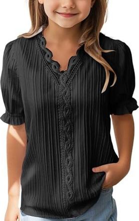 Generic Chemisier Chic Fille Manches Court - Haut Enfants Chic Et Elegant Tops Couleur Unie Chemise Col V Hauts avec Manches Shirt Respirant T-Shirt Soir&eacute;e Ch