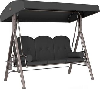 OUTSUNNY Balan&ccedil;oire de jardin Outsunny 3 si&egrave;ges avec toit r&eacute;glable, porte-gobelets et coussins, balan&ccedil;oire dext&eacute;rieur en m&eacute;tal et polyester, 208x121x172 cm, gr