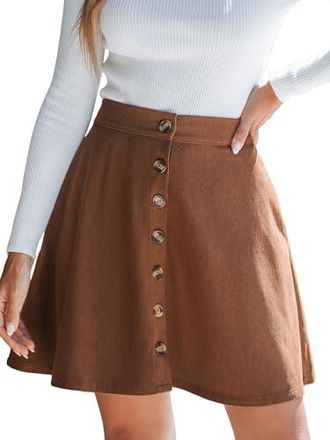 Cupshe Jupe en velours c&ocirc;tel&eacute; pour femme - Boutons &agrave; lavant - Mini jupe trap&egrave;ze - Style r&eacute;tro - D&eacute;contract&eacute; - Chic, marron, M