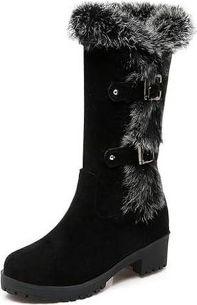 Generic Bottes Hautes À Semelle Plateforme en Daim avec Fausse Fourrure Talon Bloc Fermeture Latérale Mode Hiver pour Tenues Streetwear Marche Extérieure Et U