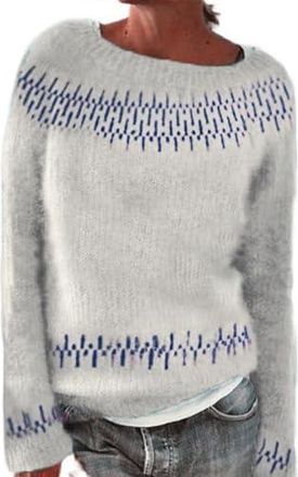 Generic Pull Norv&eacute;gien Femme Grande Taille, Pull Femme Hiver Norv&eacute;gien, Chaud Pullover Col Rond pour Femme Mohair, Pull Jacquard sans Capuche, Sweater Oversiz