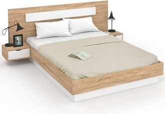 IDMarket Idmarket - Lit double santa avec t&ecirc;te de lit + tables de chevet int&eacute;gr&eacute;es et sommier 160 x 200 cm bois et blanc