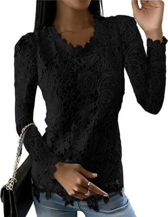 Generic T-shirt en dentelle &agrave; manches longues pour femme - &Eacute;l&eacute;gant - Manches longues - Broderie - Haut en dentelle avec fleurs - Tunique de vacances - D&eacute;contr