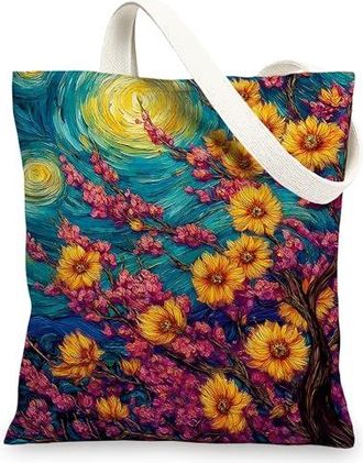 Generic Sacs en toile avec motif floral artistique, réutilisables, vintage, légers, lavables avec bandoulière B, bleu, 13x15 Inch